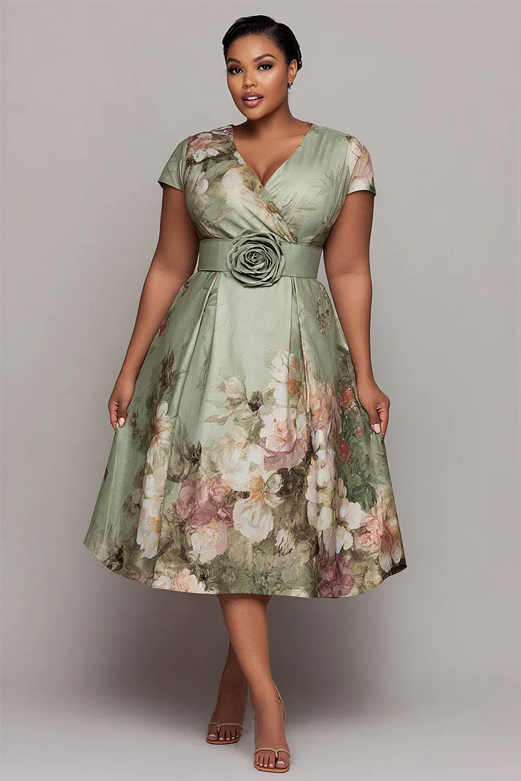 Xpluswear Design Plus Size Wedding Guest Sage Green Floral Wrap Neck ...