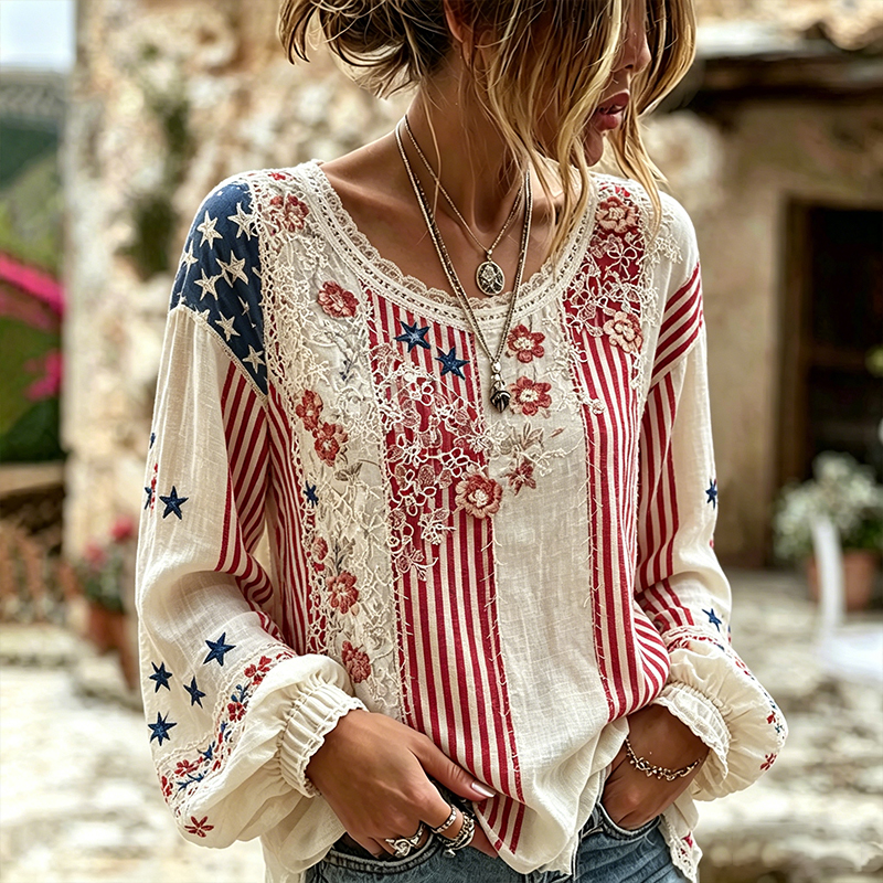 Women's US 250th Anniversary Floral Art Printed Casual Top