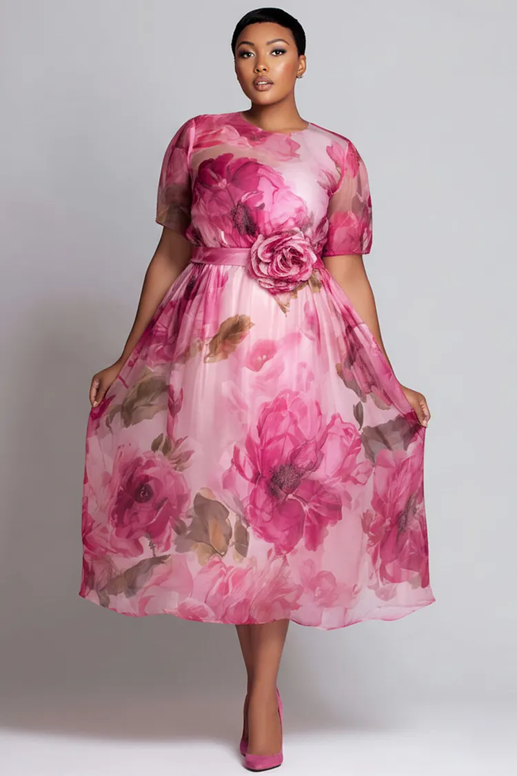 Xpluswear Design Plus Size Wedding Guest Pink Floral Round Neck Puff ...
