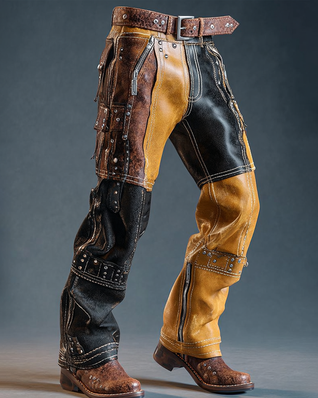 Men's Contrasting Color Stitching Rivet Leather Pants e701