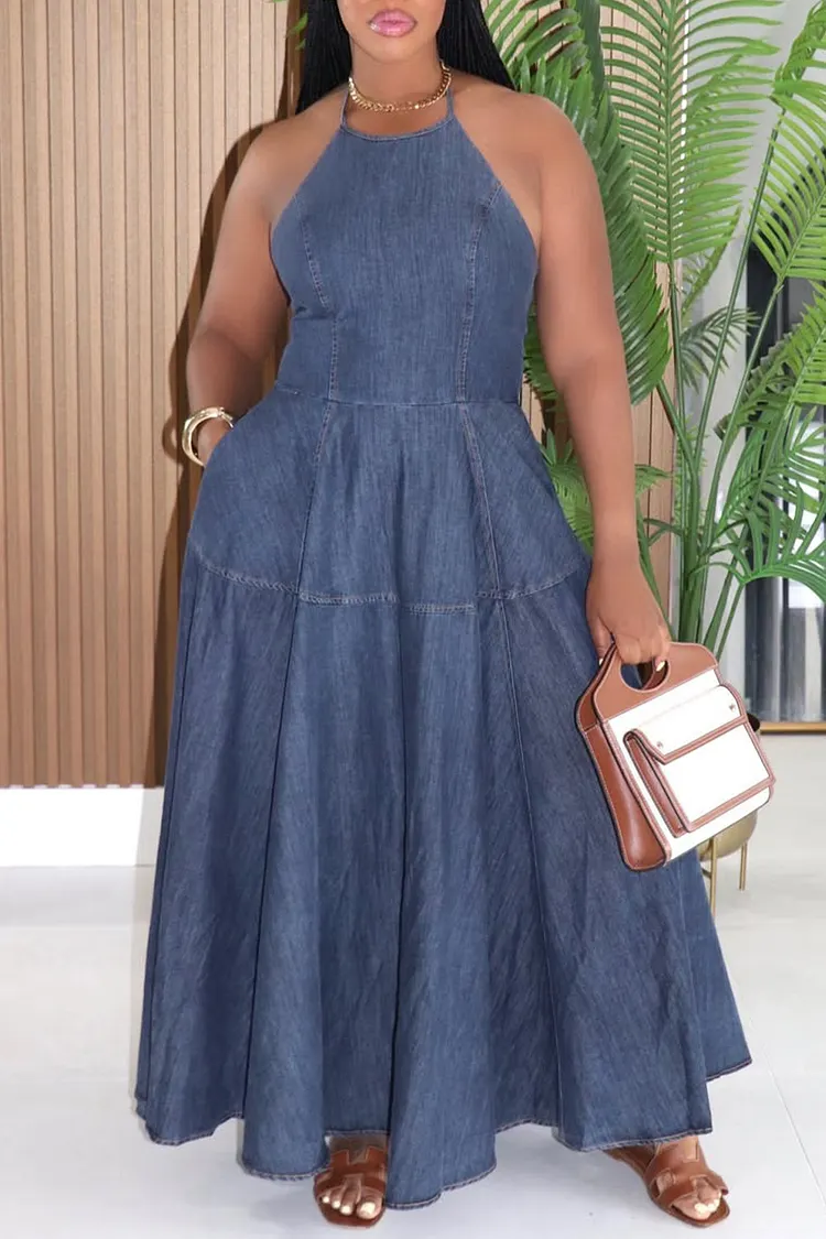 Plus Size Vacation Blue Halter Collar Pocket Denim Maxi Dresses [Pre ...
