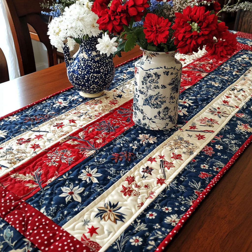 Stars and Petals Americana Quilted Table Runner