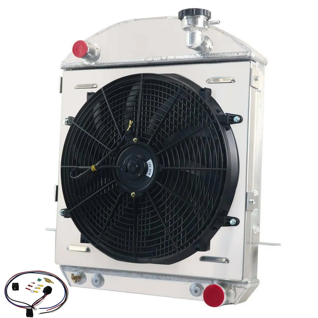 4 Row Radiator+Shroud Fan For 1917-1927 Ford Model T-Bucket Chevy V8 Engine