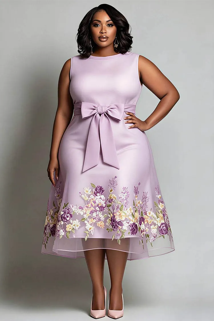 Xpluswear Design Plus Size Wedding Guest Purple Floral Round Neck Bow ...