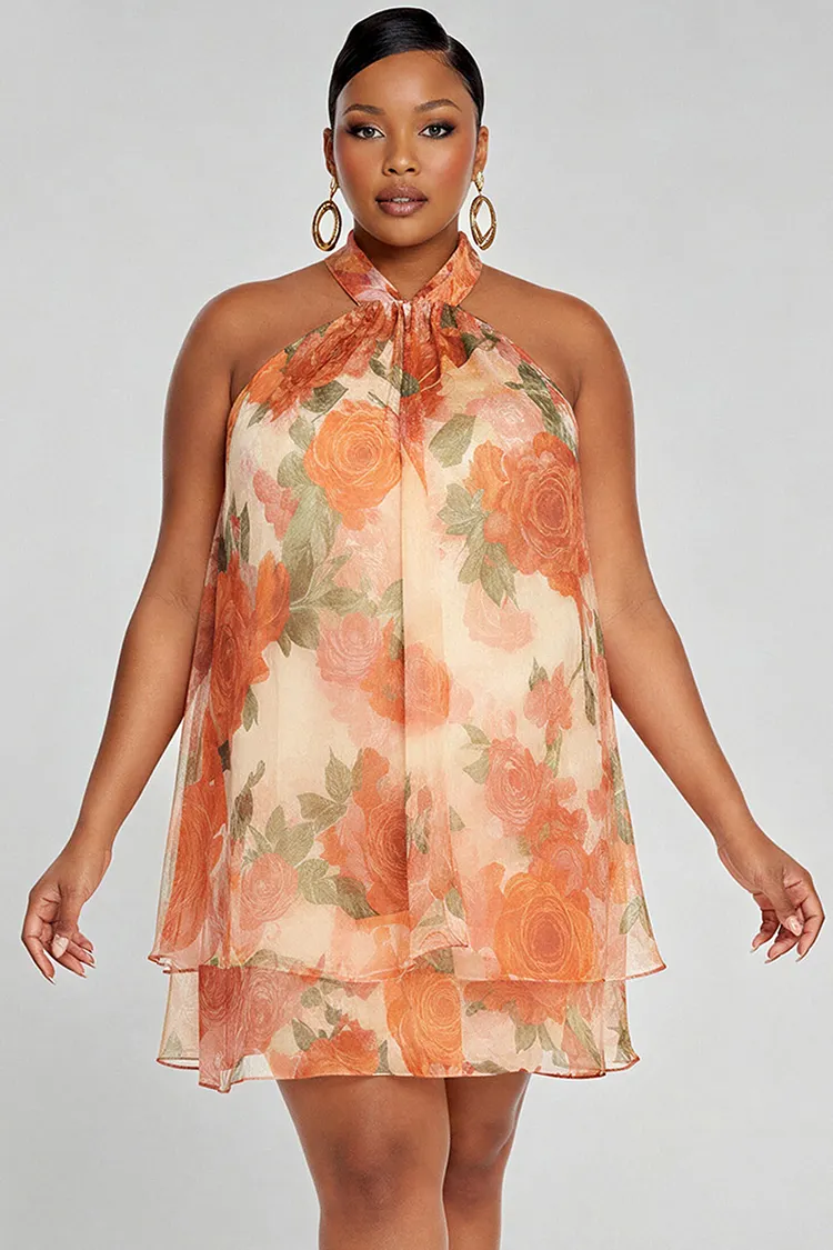 Xpluswear Design Plus Size Party Orange Floral Halter Collar Ruffle ...